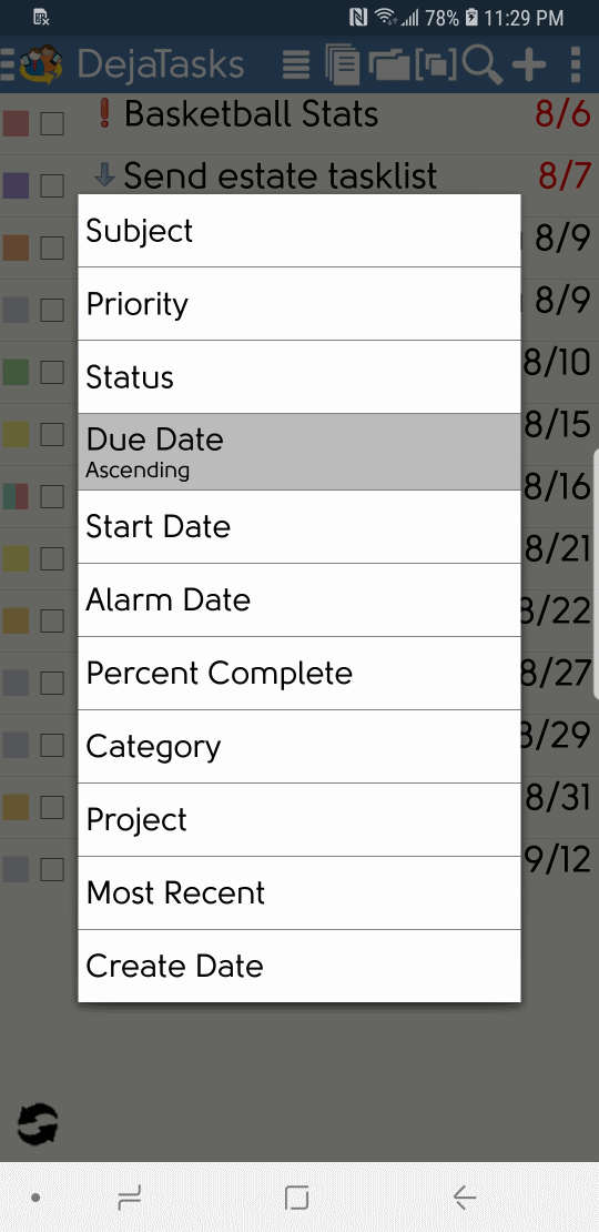 DejaOffice Task Sort Options